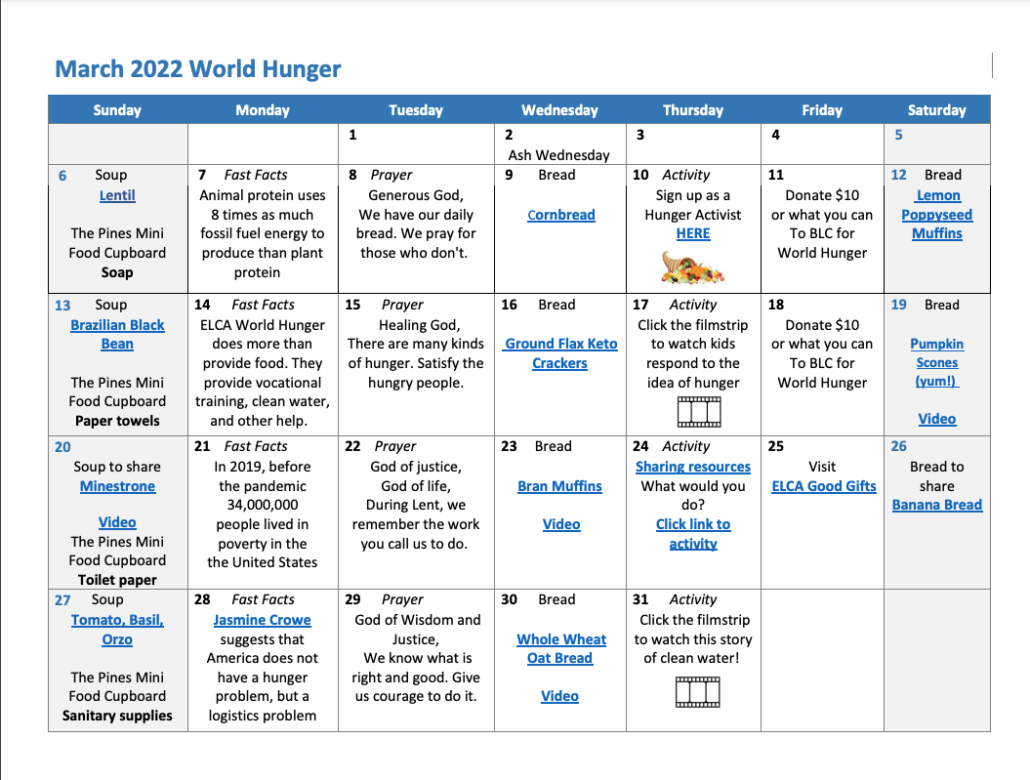 March 2022 World Hunger | Bethlehem Lutheran Church
